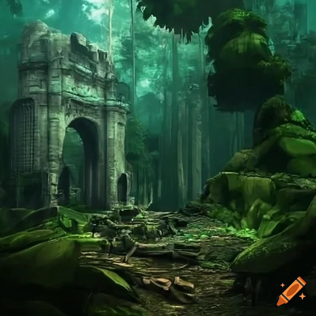 Future tech mixed with ancient ruins in a jungle