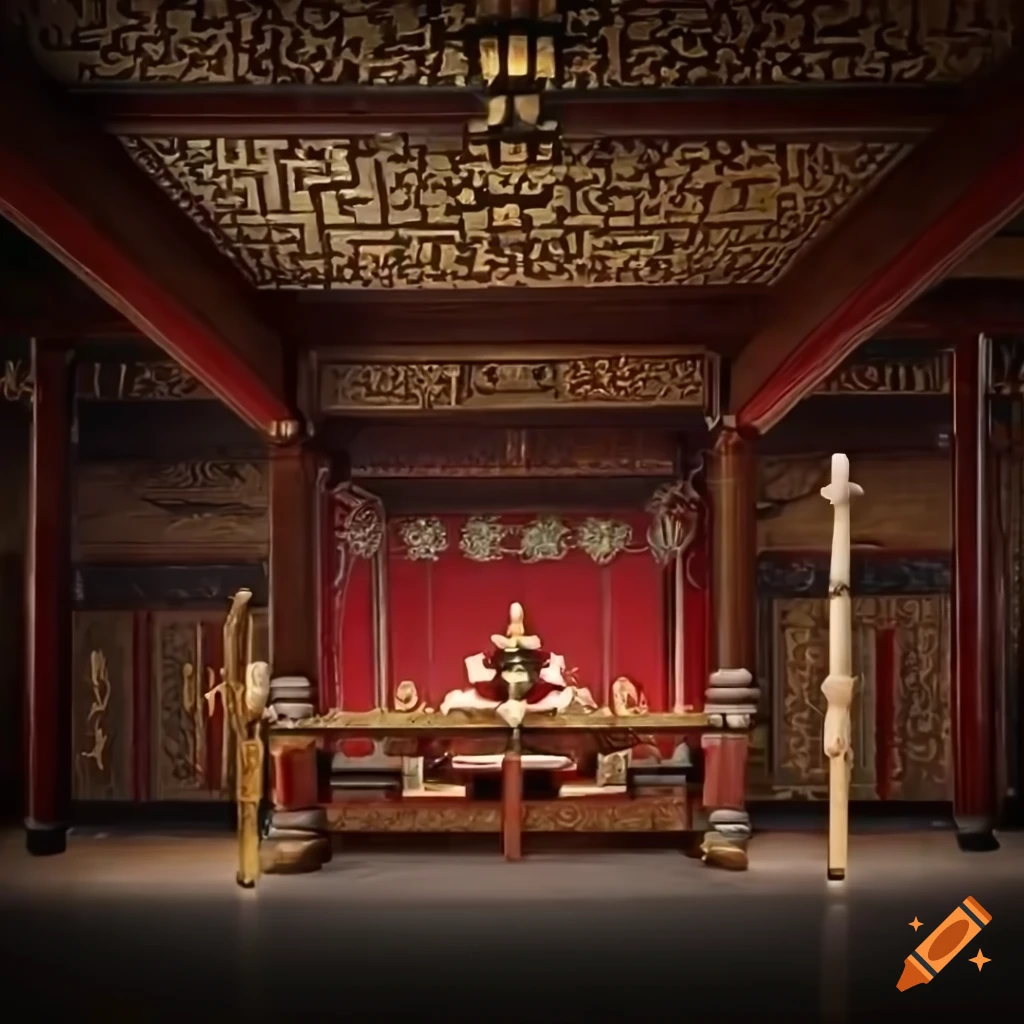 Traditional Chinese martial arts hall with wooden dummy, weapon rack ...