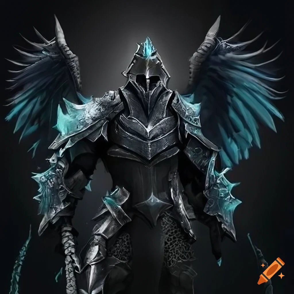 Obsidian armored crow knight with feathery wings unfurled on Craiyon