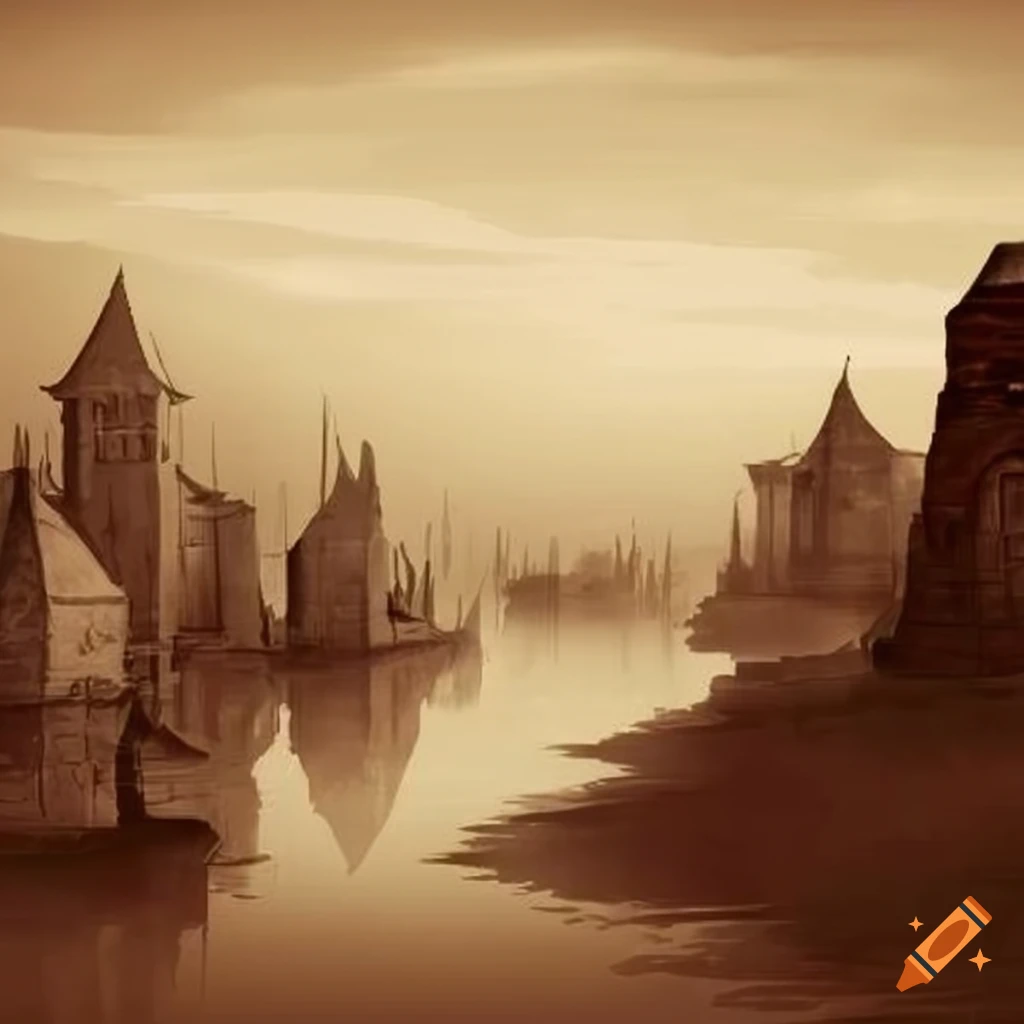 Ancient settlers drawn in sepia tone