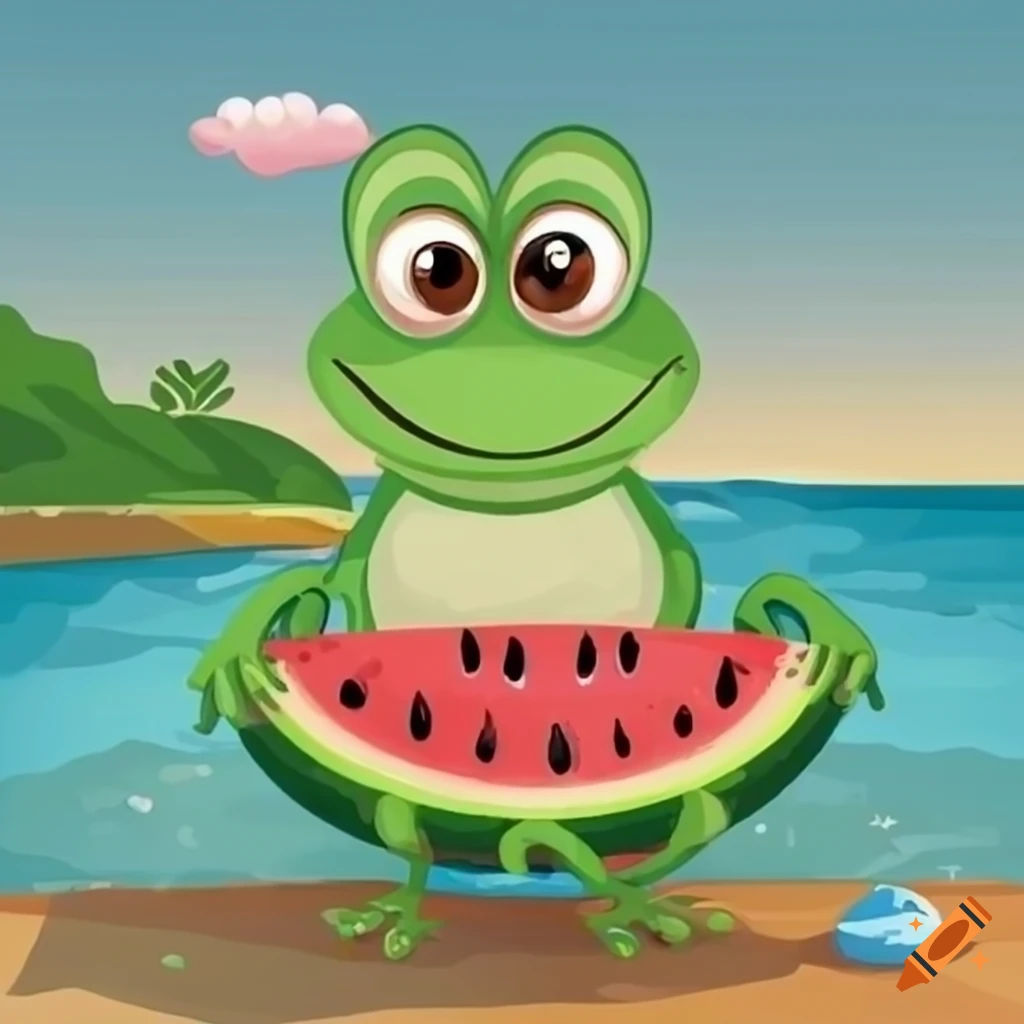Cartoon frog enjoying watermelon at sunny shore on Craiyon