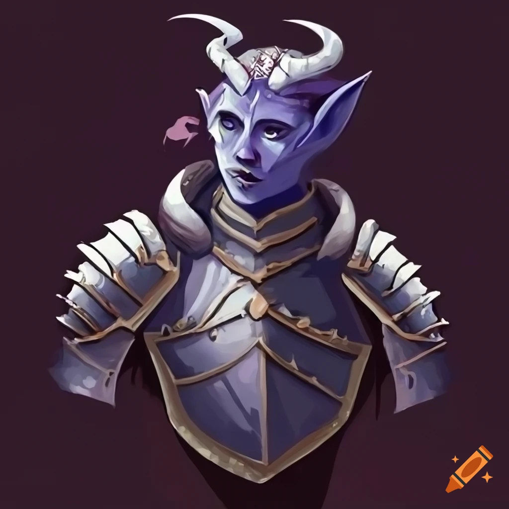 Dnd: light Grey tiefling, magical heavy armor on Craiyon