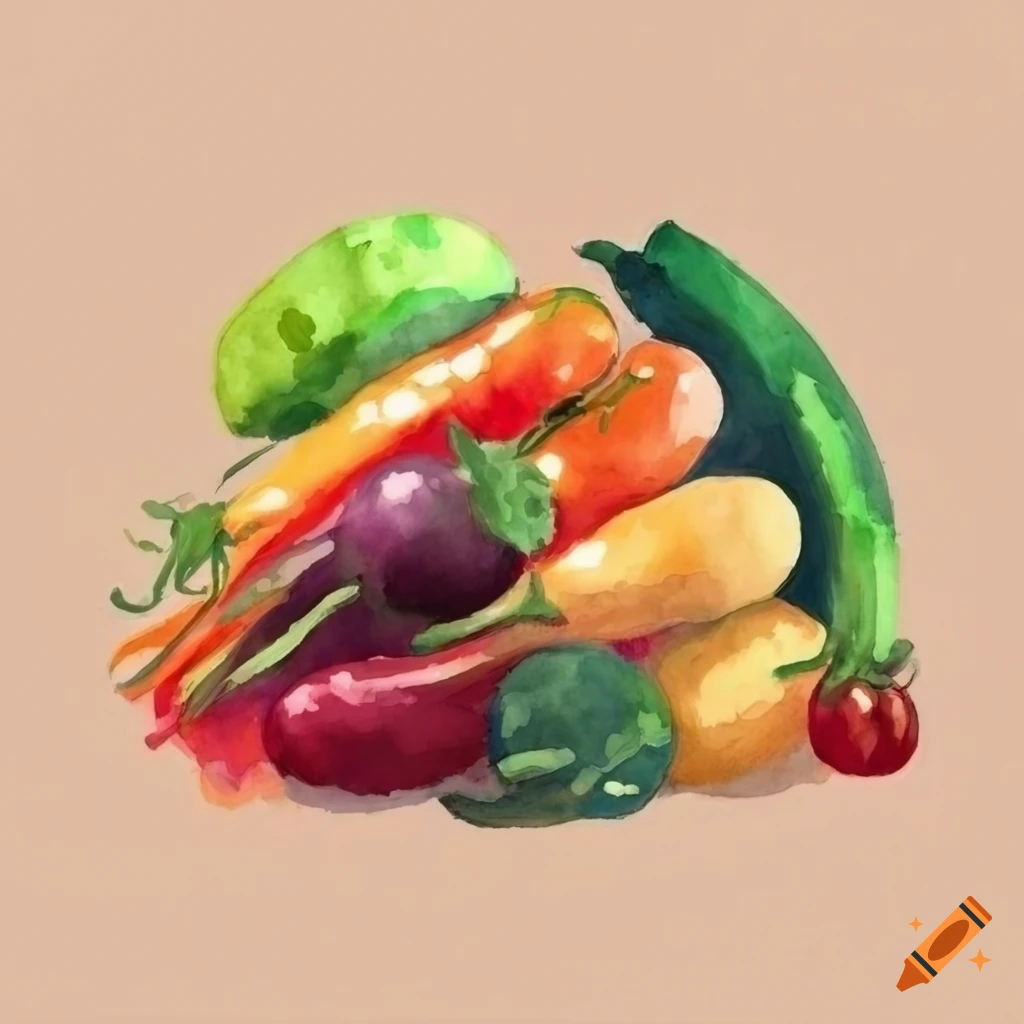 Multiple vegetables in a big pile, watercolor painting, beige background