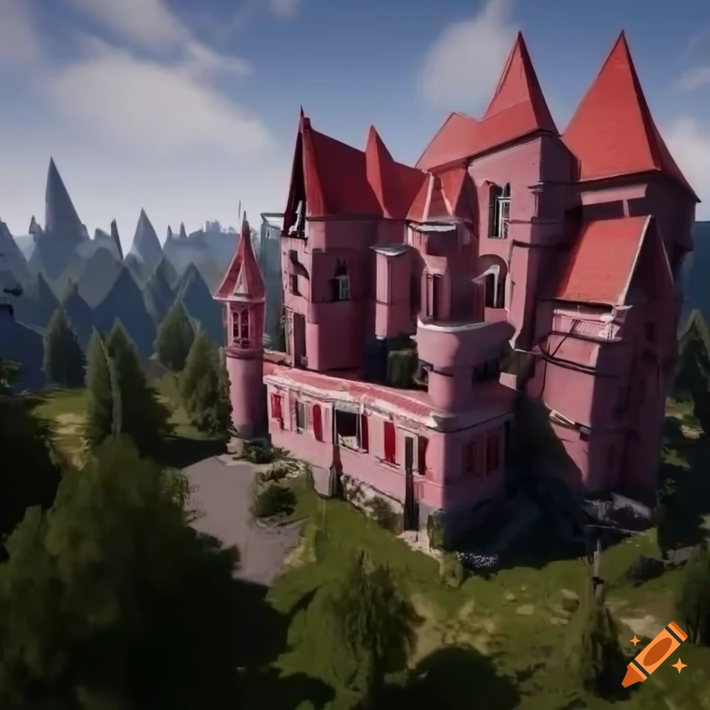 Unreal Engine 5 aerial view of sci-fi castle with pink-white brick and ...