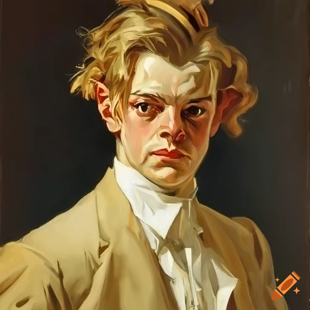 J. C. Leyendecker Portrait of a young man with his hair in a bun on Craiyon