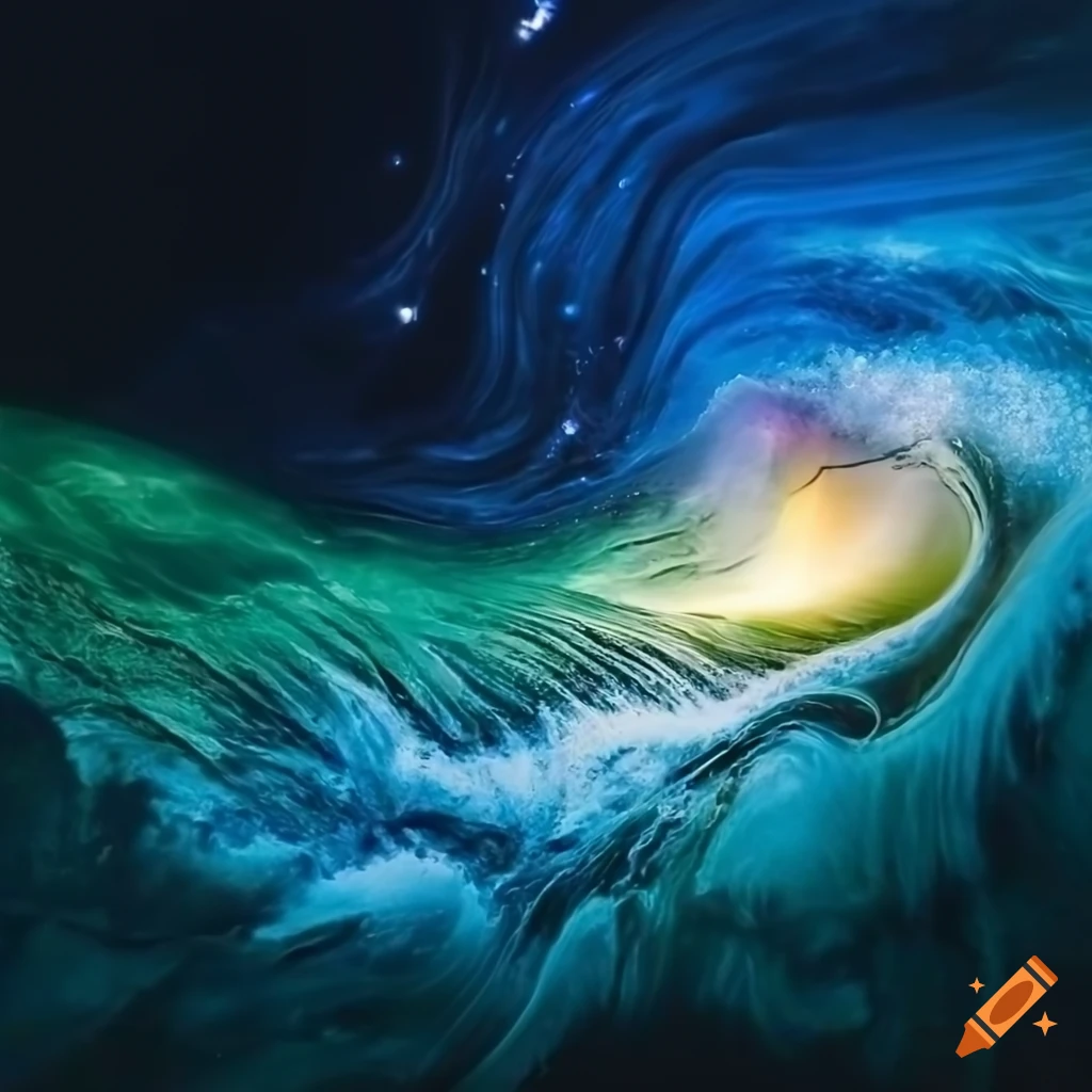 Two kayaks, ocean wave, colorful distant galaxy swirling on Craiyon