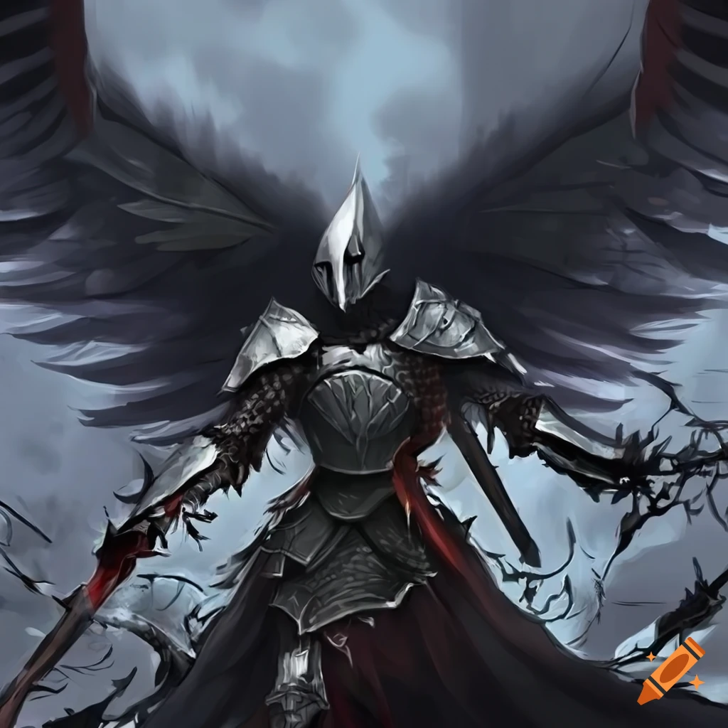 Armored crow knight with black feathery wings unfurled