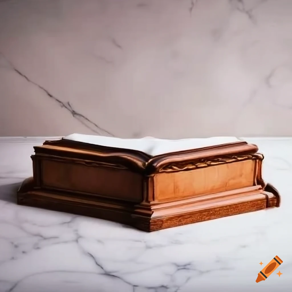 Big tome open on table in white marble castle room