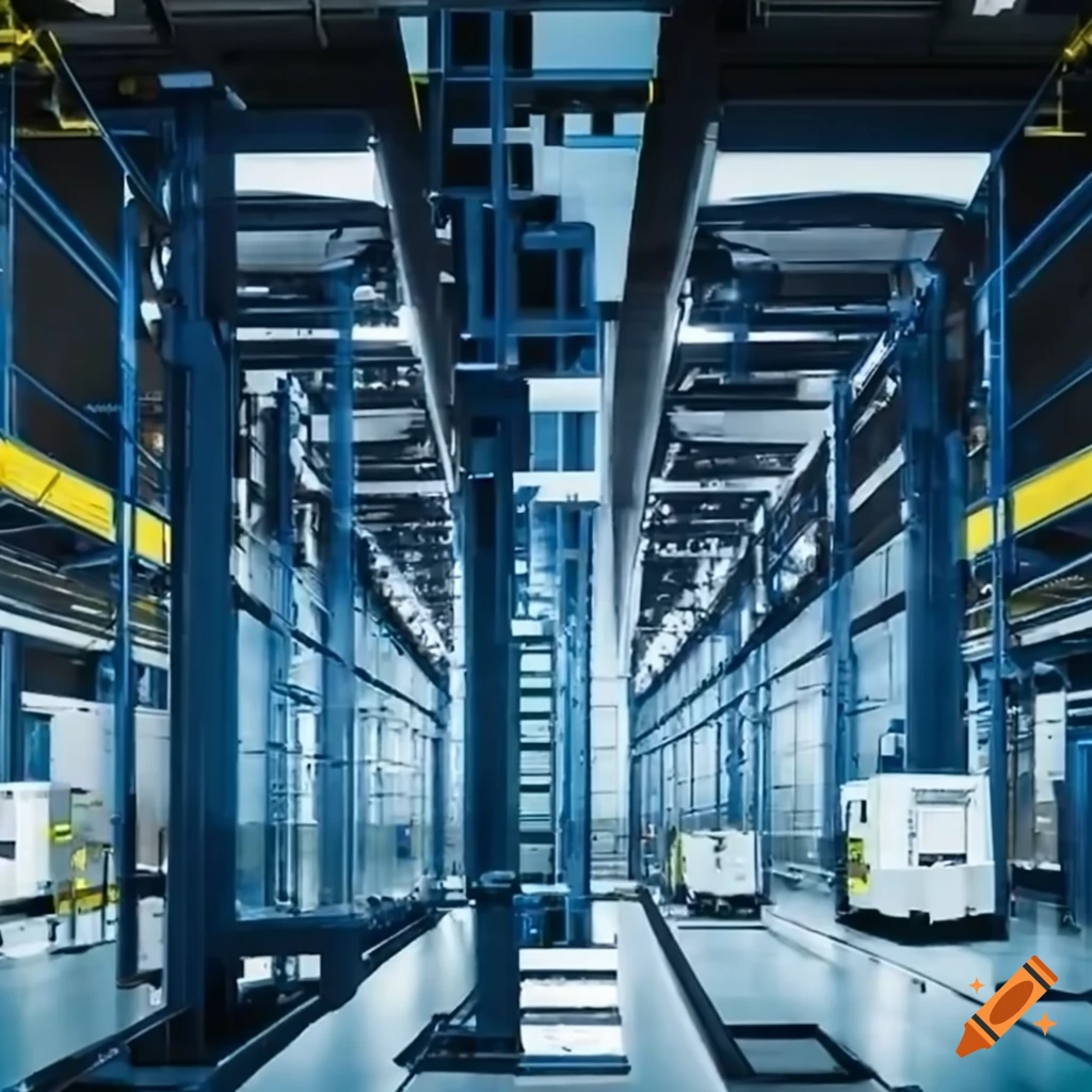 High-tech warehouse with robots and automated guided vehicles in ...