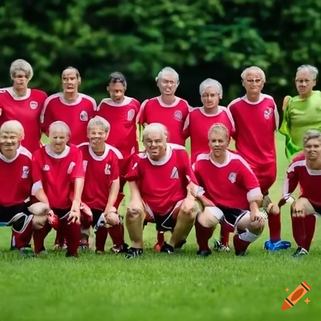 Elderly soccer team group photo of 30 players