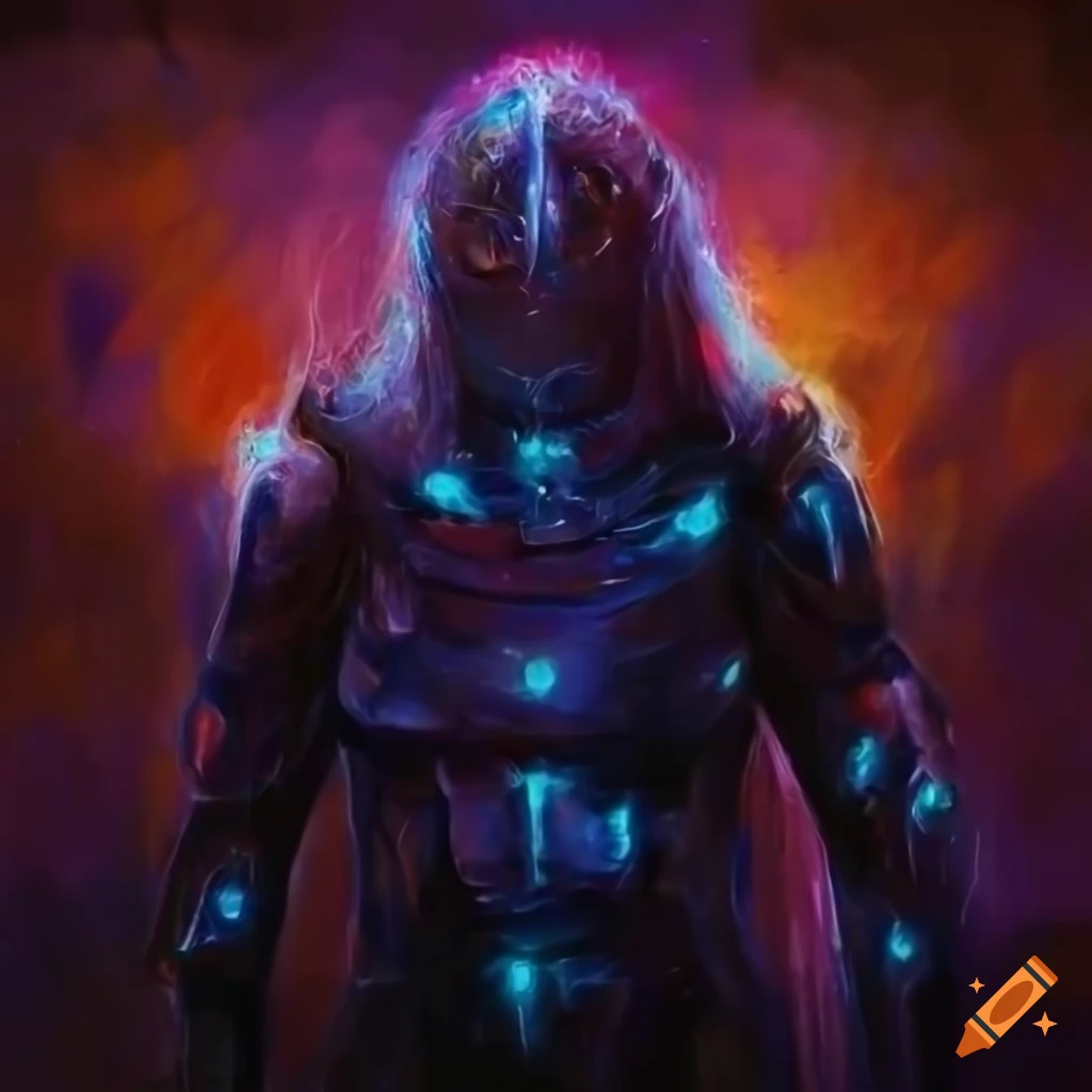 A portrait of a person in sci-fi armor scanning surrounding landscape ...