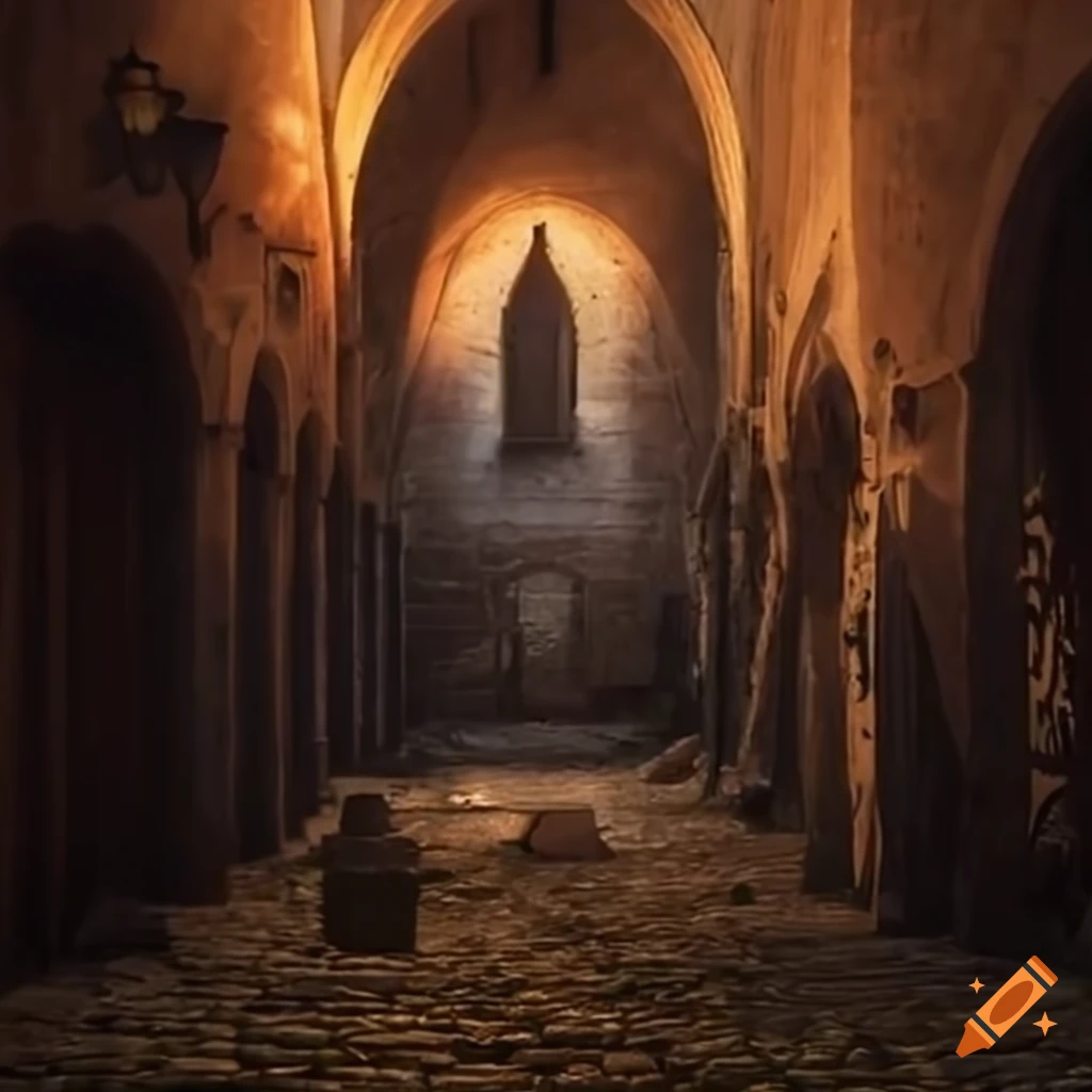 Medieval town with makeshift defenses covered in religious shrines