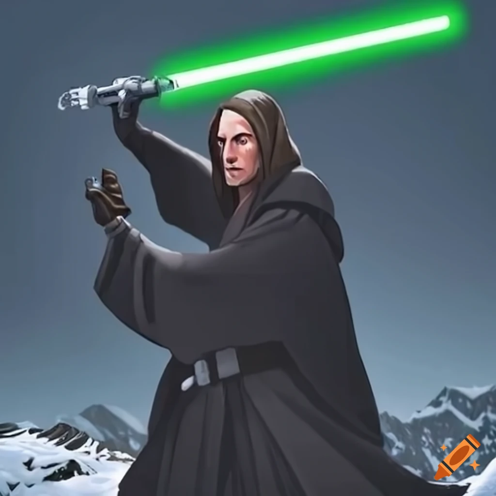 A jedi with a green lightsaber on a snowy mountain