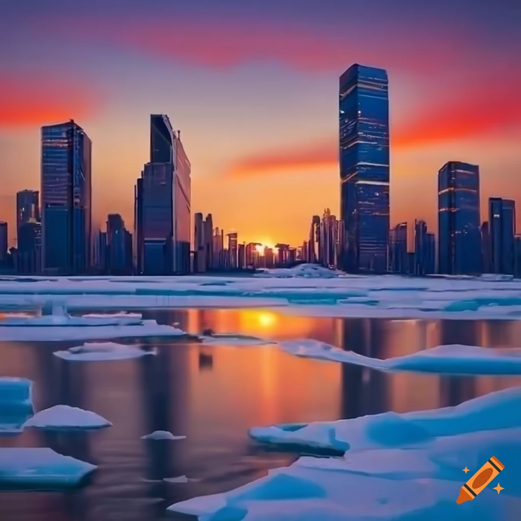 Sunset ice lake with skyscraper in background, hyperrealistic 4k on Craiyon
