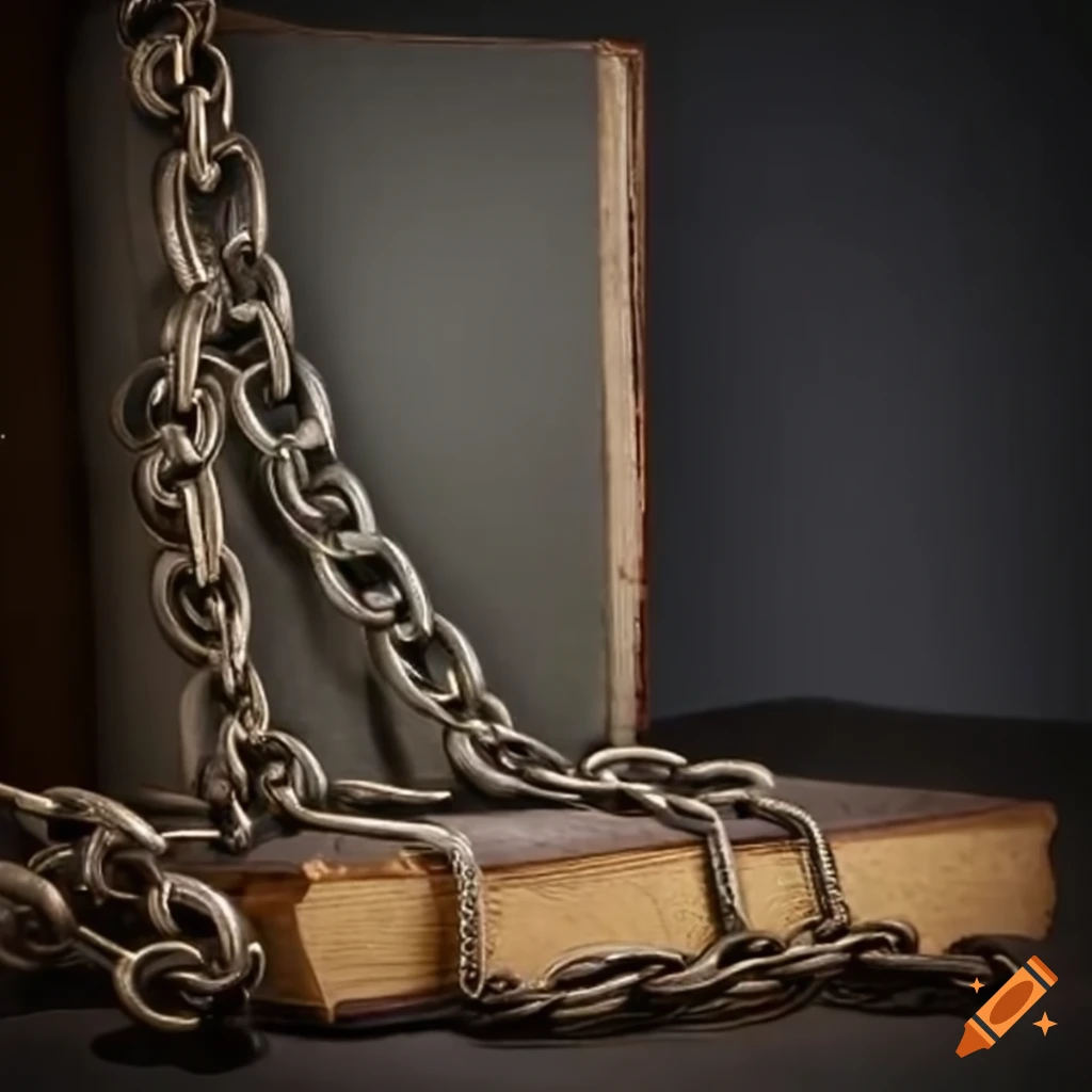 An antique book bound with massive chains in dim light on Craiyon