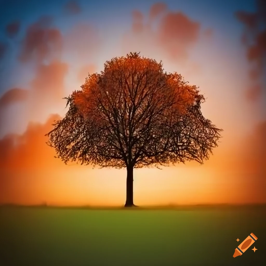 One tree in autumn with a sunset on Craiyon