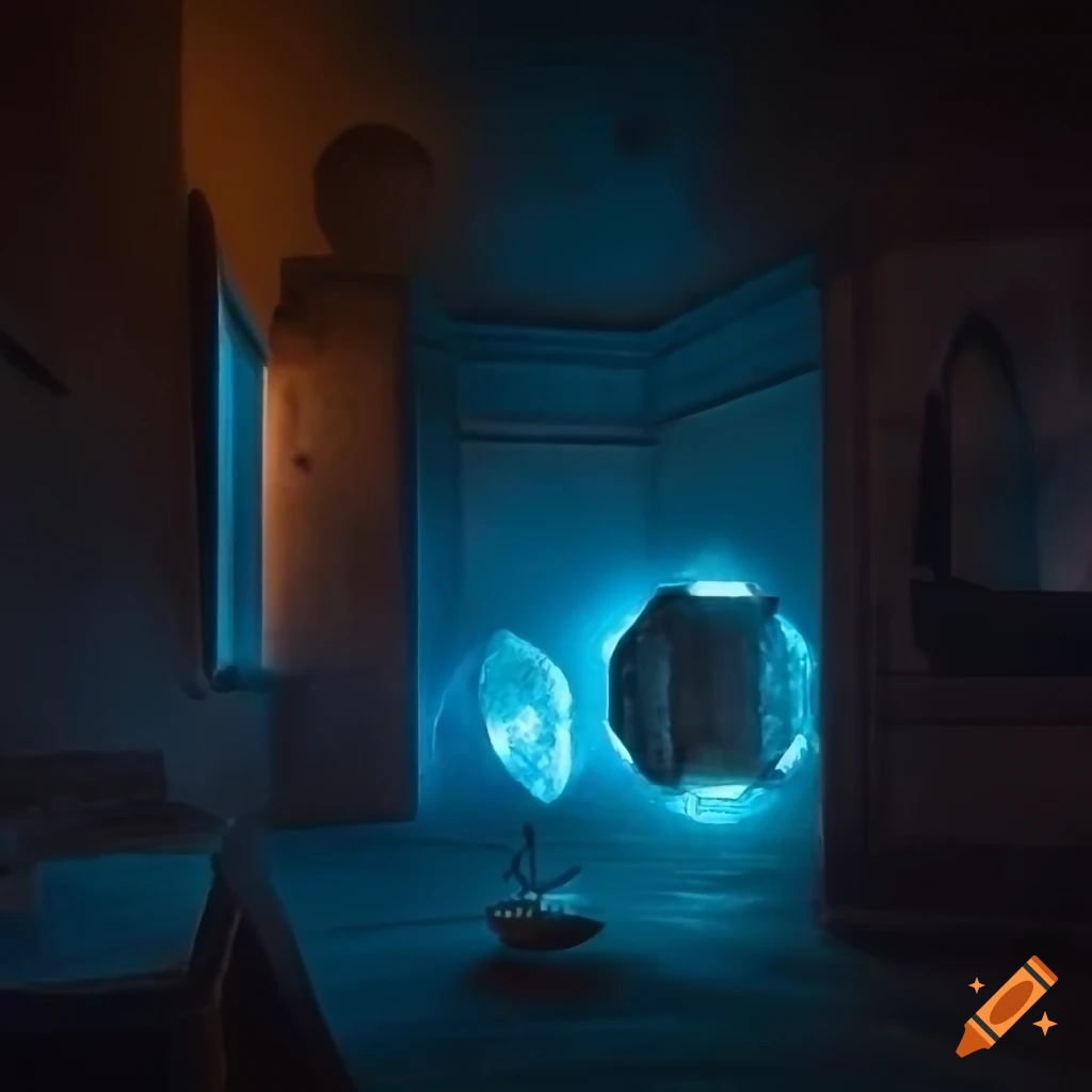 Sci fi inspired jewelers workshop, primitive futurism, glowing light ...