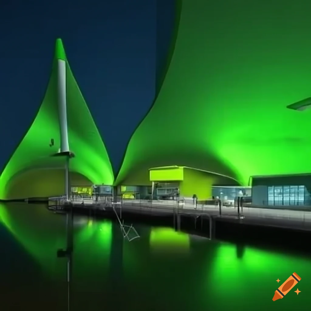 Futuristic lime-green offshore convenience store on a wind-powered ...