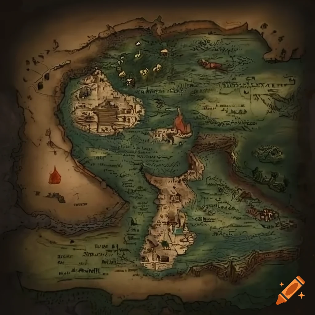 Fantasy medieval map with castles, towns, forests, rivers, mountains ...