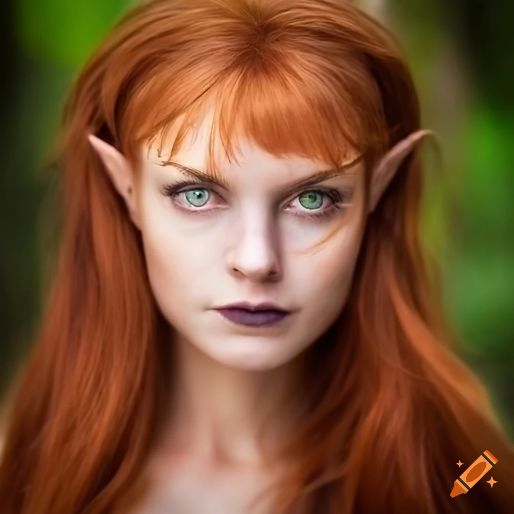 Portrait of a female elf with auburn hair and hazel eyes on Craiyon