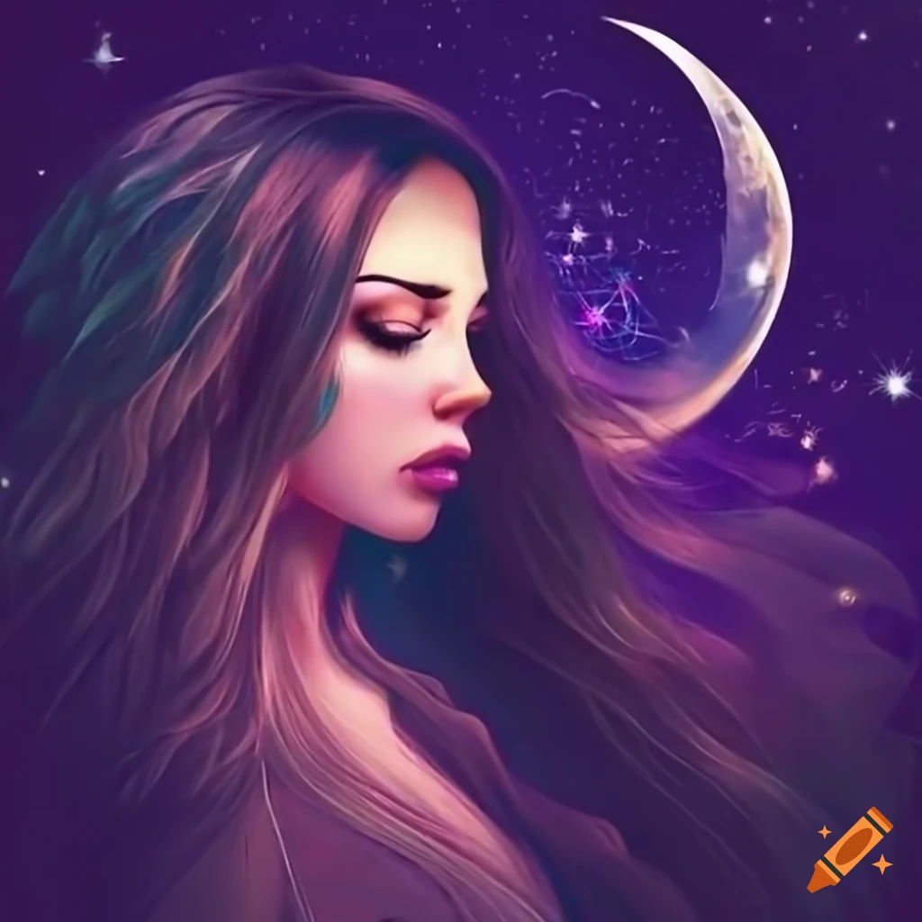 Young woman long hair, playing dj set, sky with stars and moon