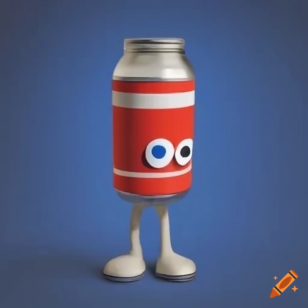 A small muppet holding a can of soda with googly eyes