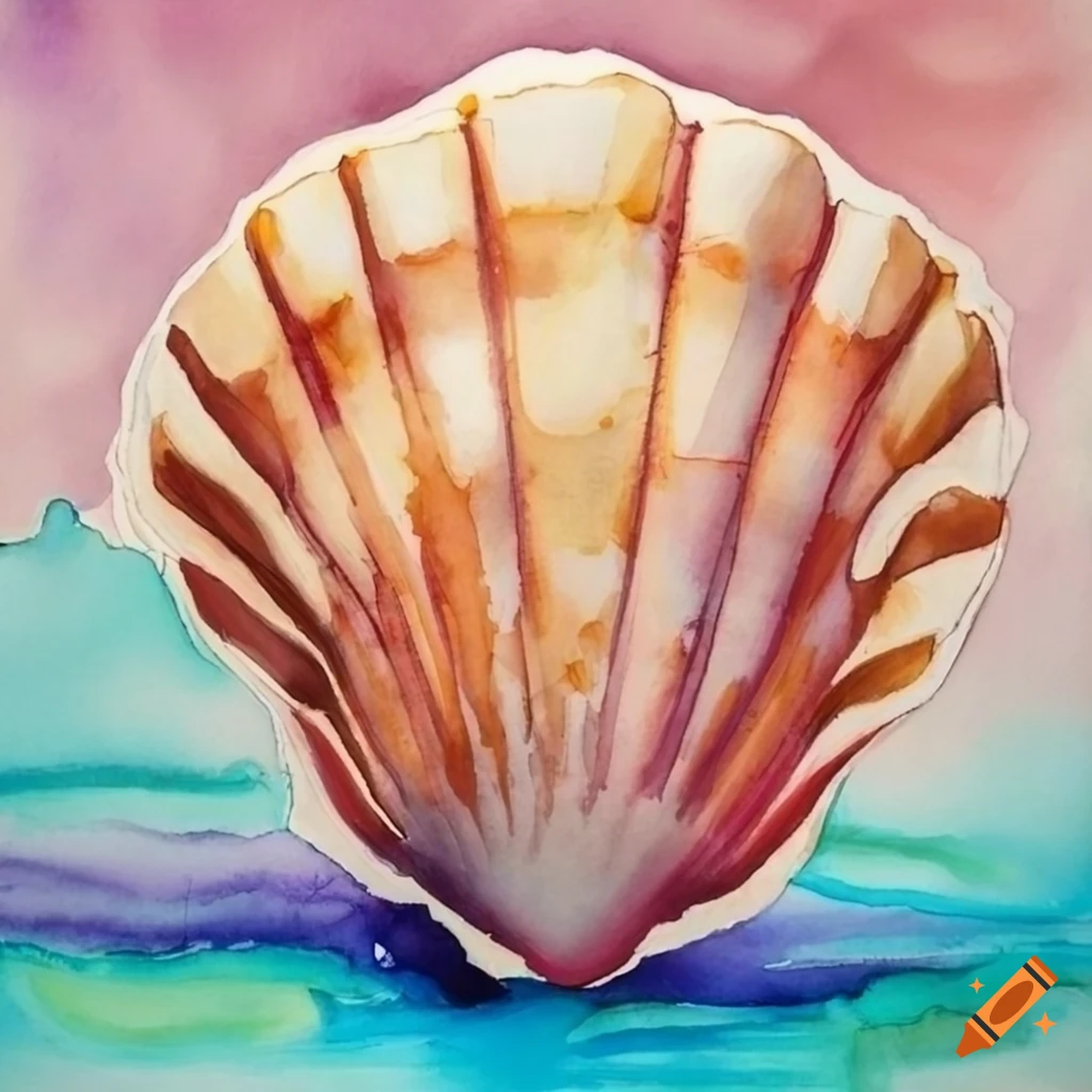 Big shell pastel colors watercolor painting, sunset time on Craiyon