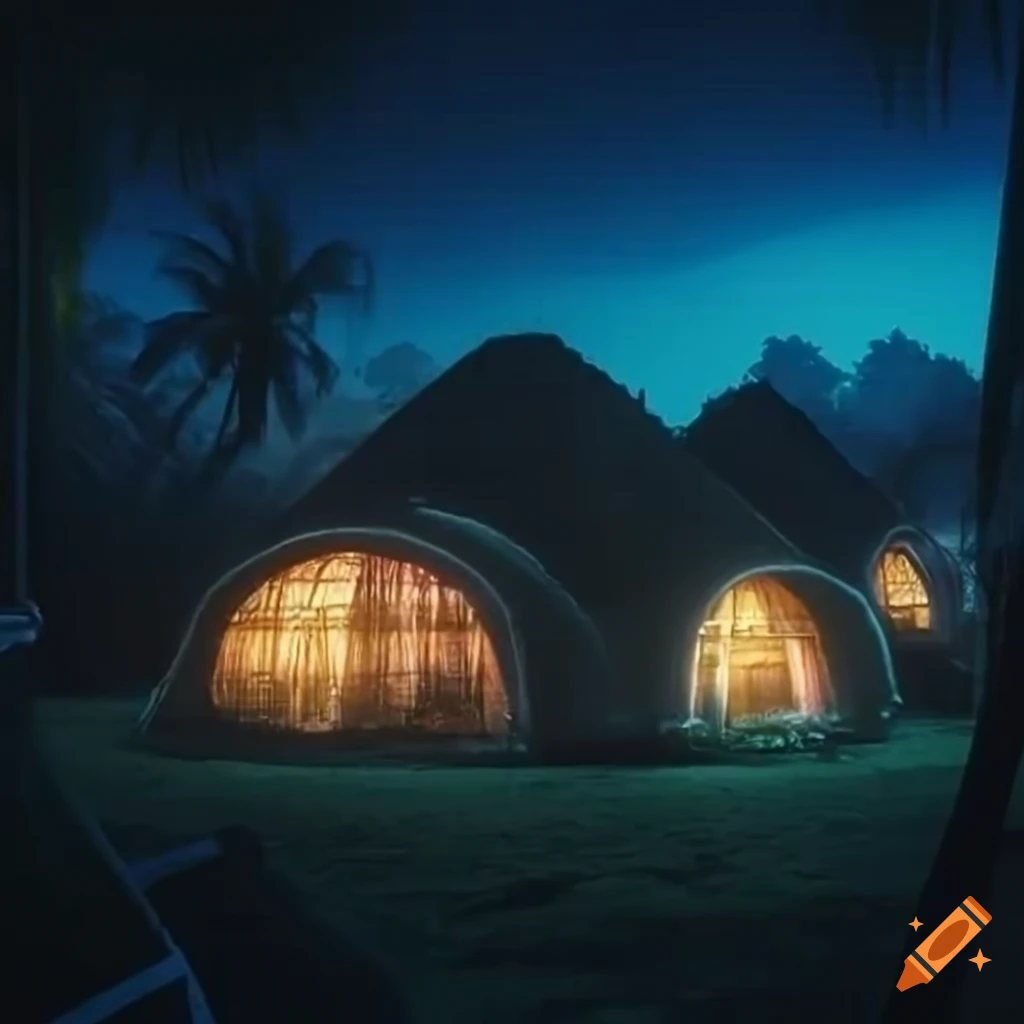 Sci-fi inspired village at night, superadobe huts, primitive futurism ...