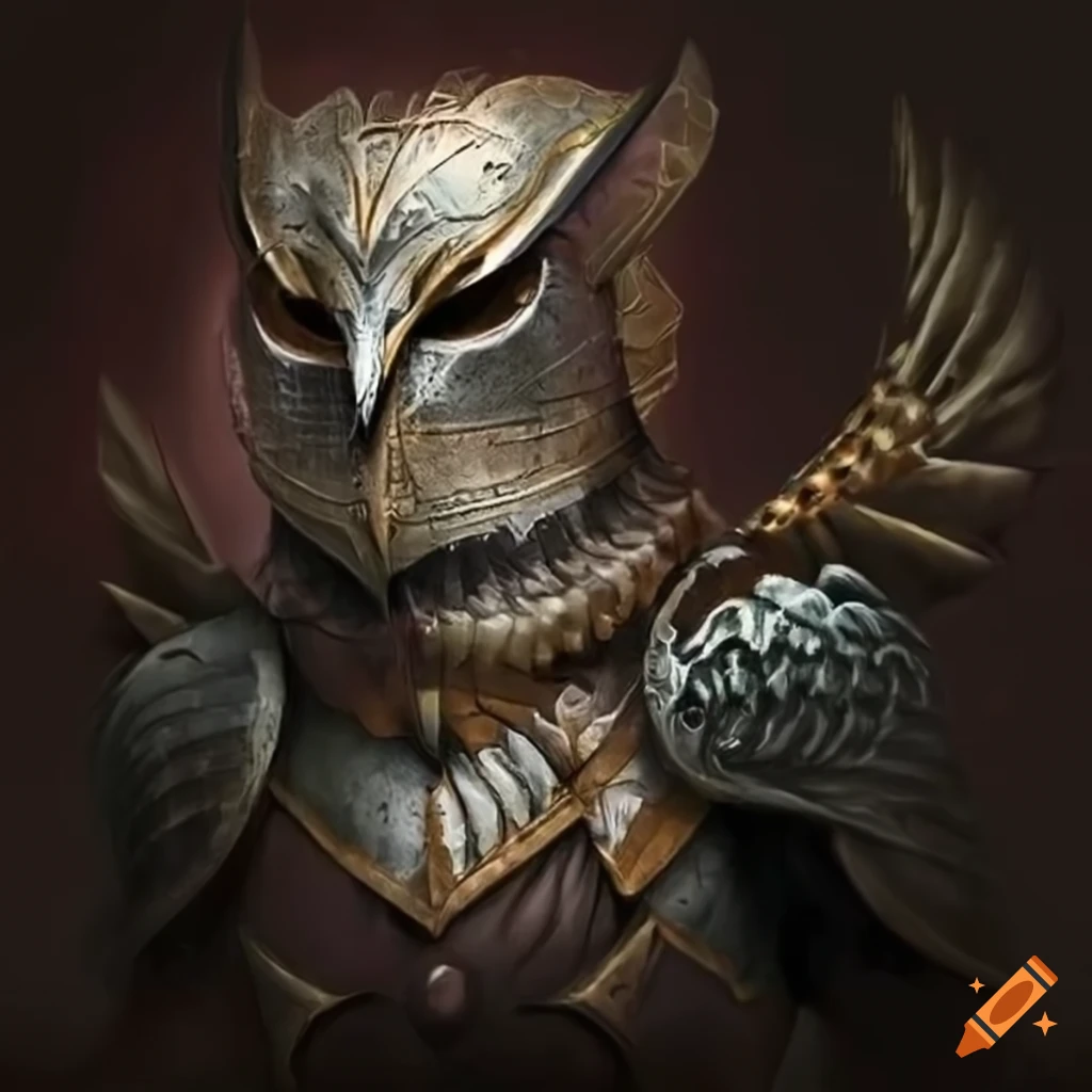 Armored Masked Owl Knight with feathery wings unfurled wearing enclosed ...