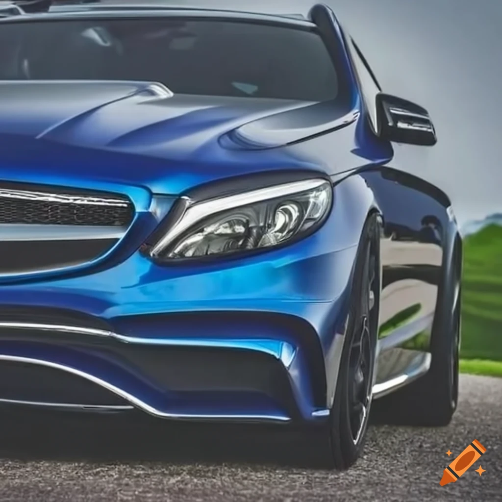 Blue Mercedes C63s estate parked in front mountains on Craiyon