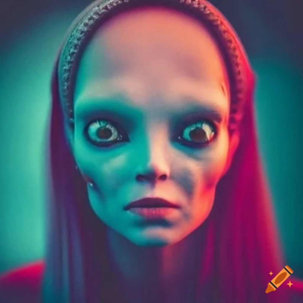 A retro technicolor photo of the face of a female alien front side