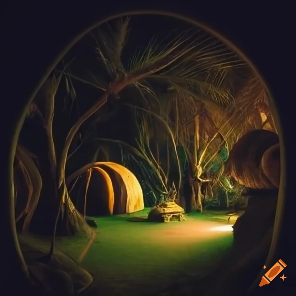 Sci-fi inspired village at night, superadobe huts, primitive futurism ...