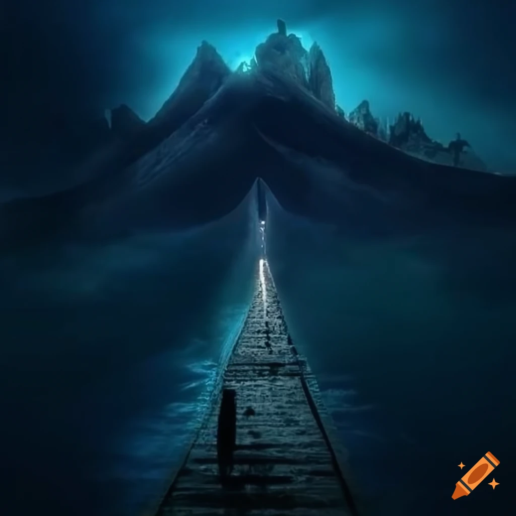 Siraat bridge to heaven, hell below, bridge like needle on Craiyon