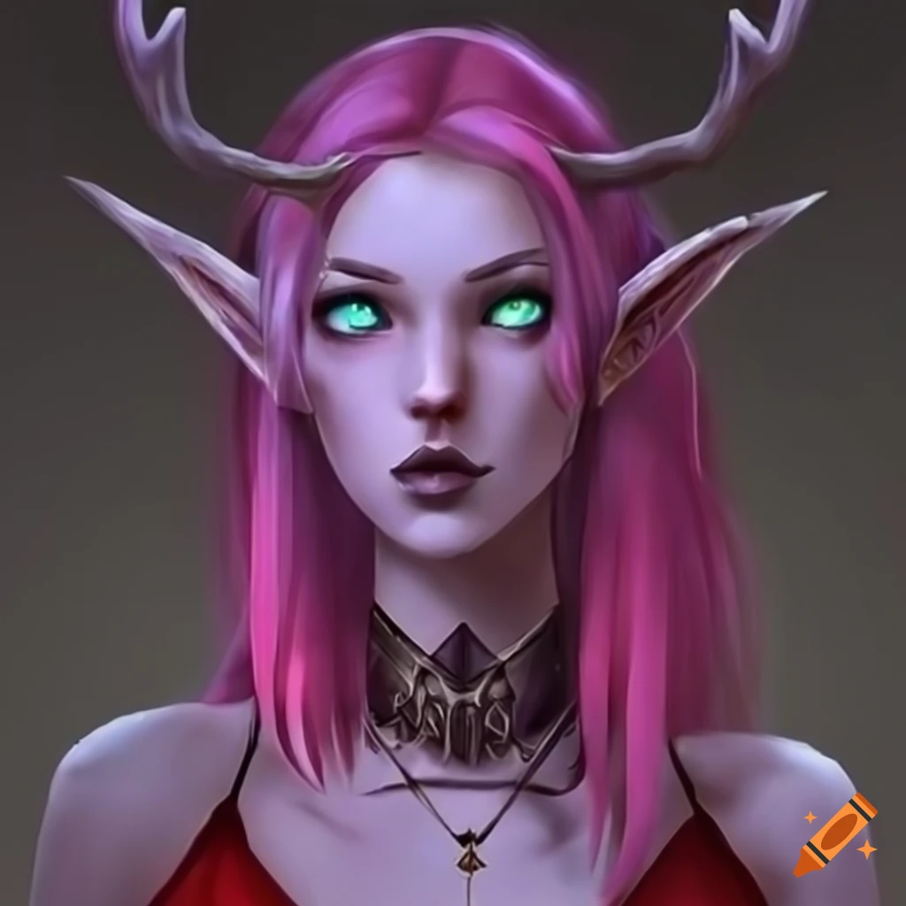 Night elf female, red dress, purple skin, face, antlers on Craiyon