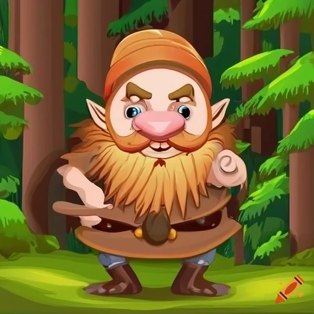 Cartoon image of a wild dwarf with a cap in the forest