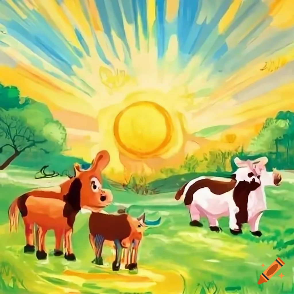 Kids playing with farm animals in a sunny countryside