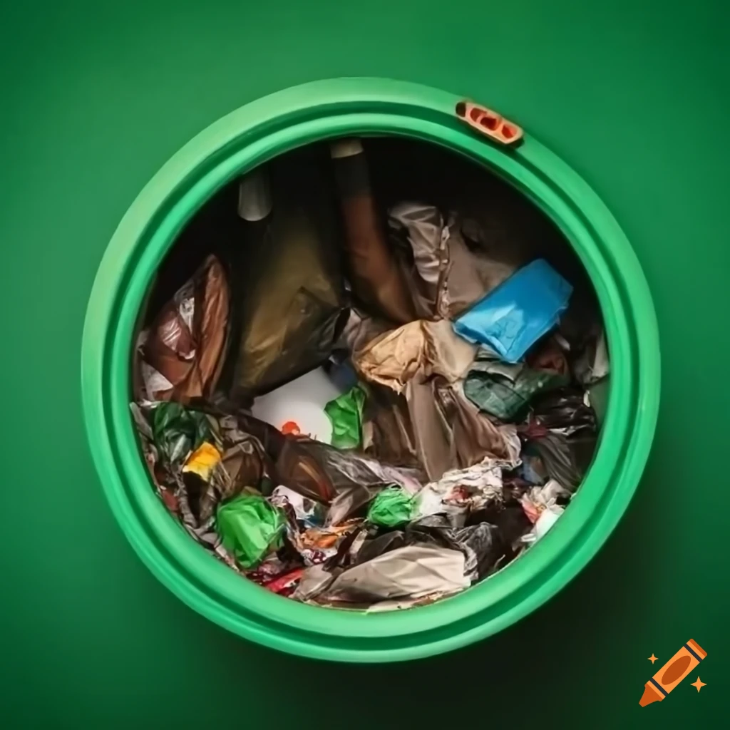Garbage inside a green bin, top view on Craiyon