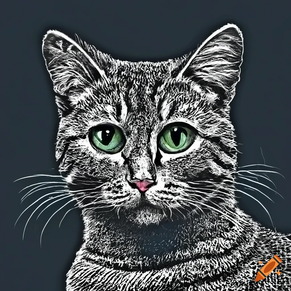Digital pointillism portrait of a cat in monochrome style