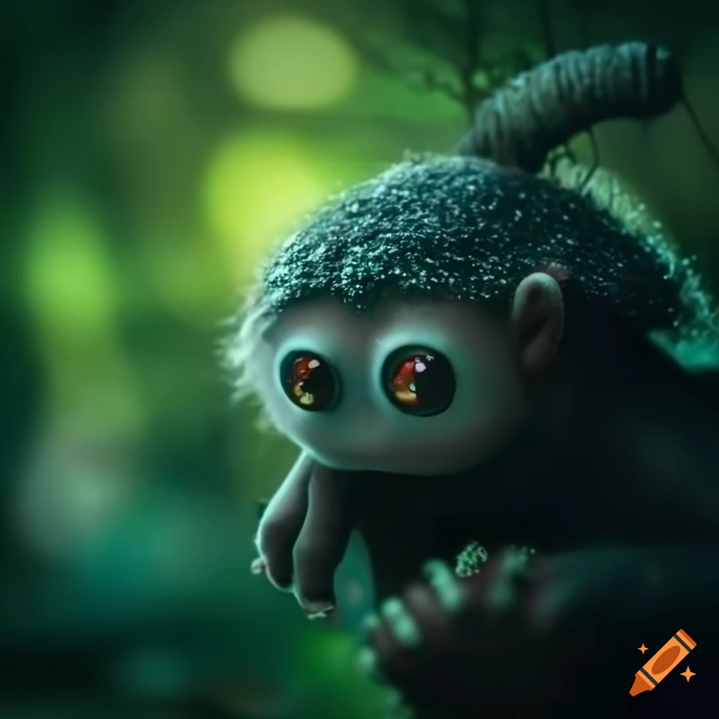Cute monster,close up,jungle,rain,lights,fantasy art on Craiyon