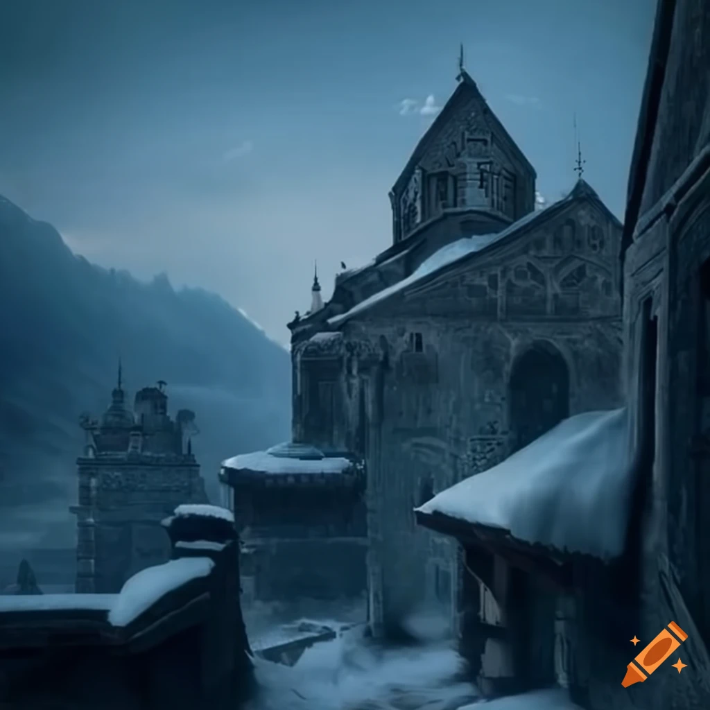 A fantasy ancient monastery in a snowy valley, with defensive features ...