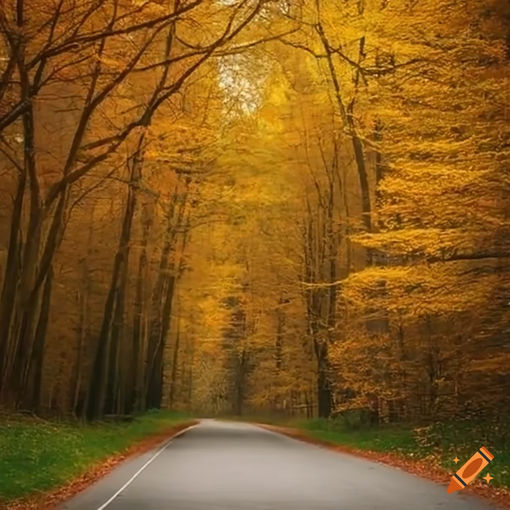 A scenic forest road in autumn