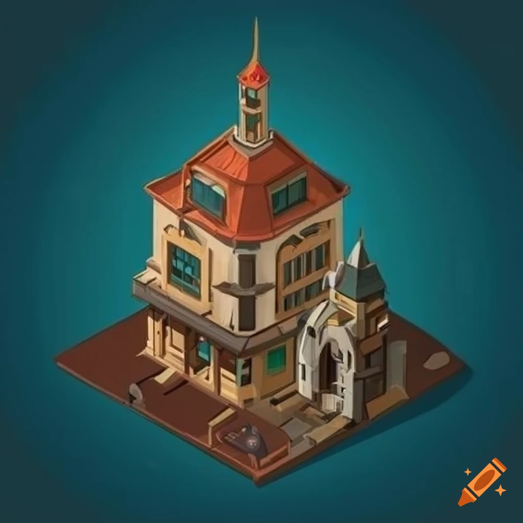 Isometric top view of a building in a city-building game in steampunk style