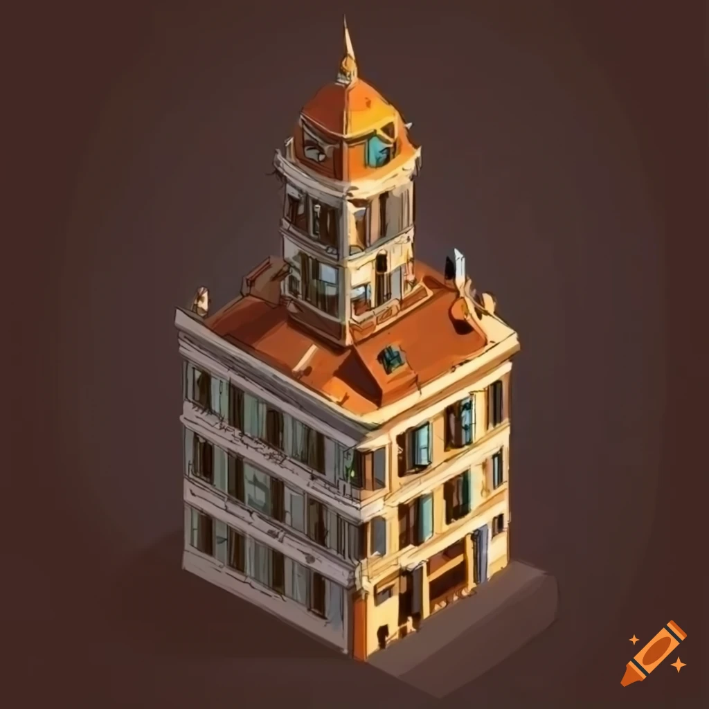 Isometric top view of a building in a city-building game in steampunk ...