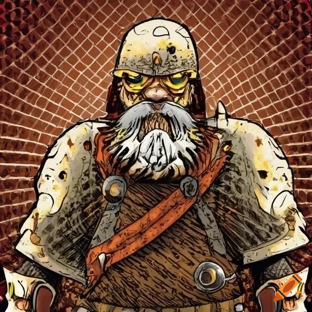 Old warrior with beard , wearing a rusty space armor and helmet, drawn ...