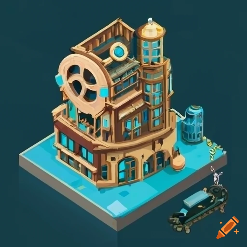 Isometric top view of a building in a city-building game in steampunk ...