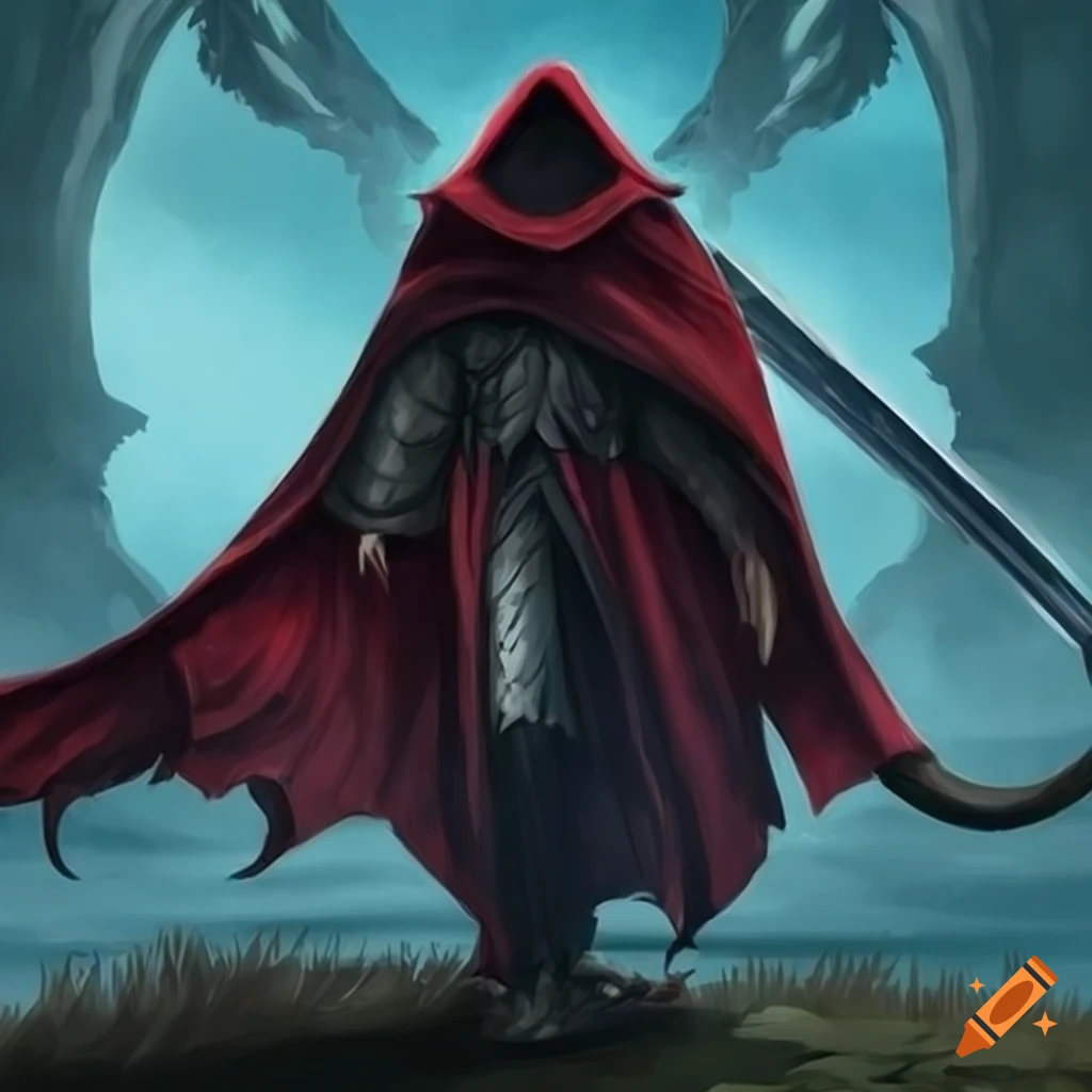 Fantasy character with cloak and sword, dragon background on Craiyon