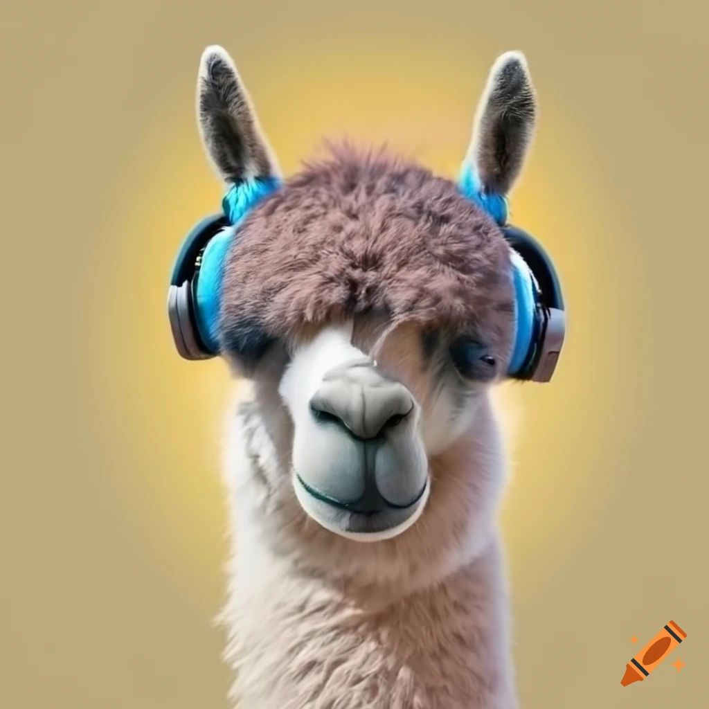 Llama wearing headphones posing for a headshot
