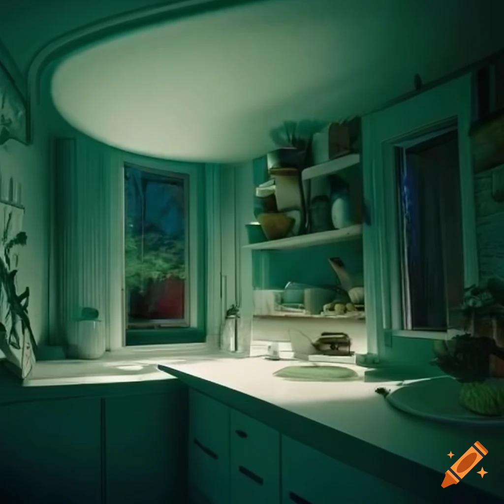 Primitive futuristic , 1990s style kitchen, interior design, sci-fi ...