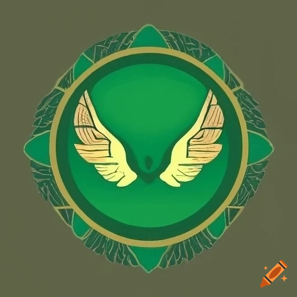 A simple icon of a green and gold orb with wings in the style of art ...