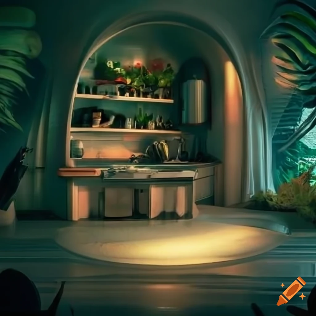 Primitive futuristic kitchen, 1990s style kitchen, interior design, sci ...